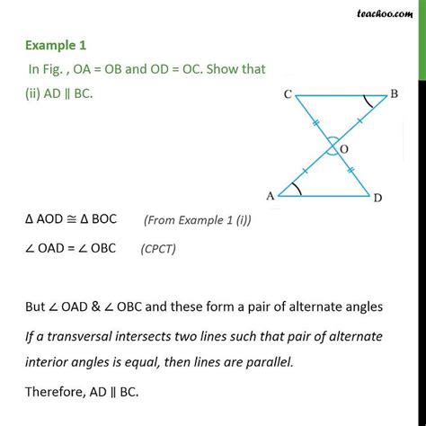 Example 1 - In fig, OA = OB, OD = OC. Show that (i) AOD congruent BOC