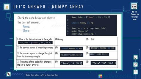 G9 - W5 - L1 - CONVERT PYTHON LIST TO NUMPY ARRAY online exercise for | Live Worksheets