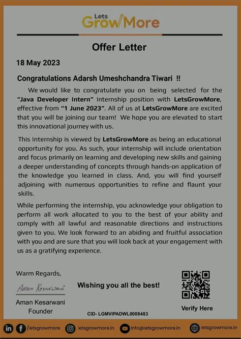 Adarsh Tiwari On Linkedin Letsgrowmore Internship Thankyou