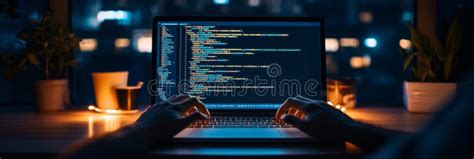 Hands On A Laptop Keyboard With Code On The Screen In A Dimly Lit