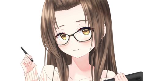 Yellow Eyes Glasses Black Hair Anime Girl White Background 4k Hd Anime