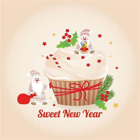 Nuevo Año Delicioso Magdalena Con Azotado Crema Y Linda Gnomos Saludo