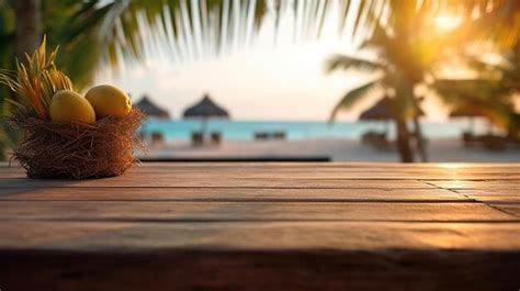 Premium Ai Image A Photo Of An Empty Wooden Table With A Tiki Beach