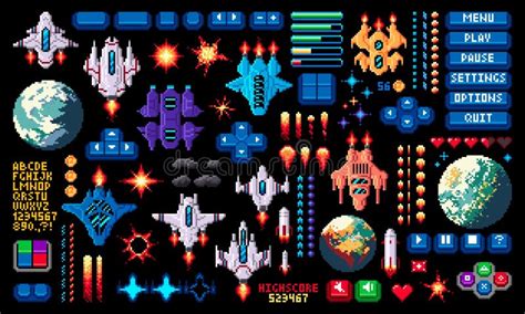 8bit Arcade Space Pixel Game Asset Invaders Set Stock Vector