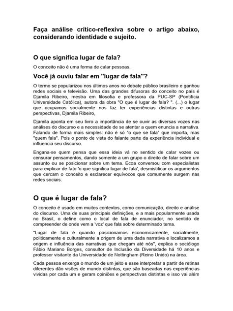 O Que Significa Lugar De Fala Pdf Discurso Sociologia
