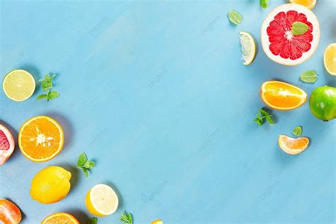 Citrus Food Frame Flat Lay Scene On Blue Background Assorted Citrus