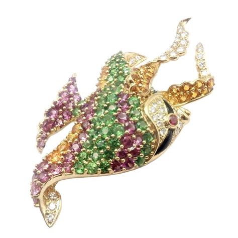 Jean Vitau Diamond Color Stone Large Angel Fish Yellow Gold Brooch
