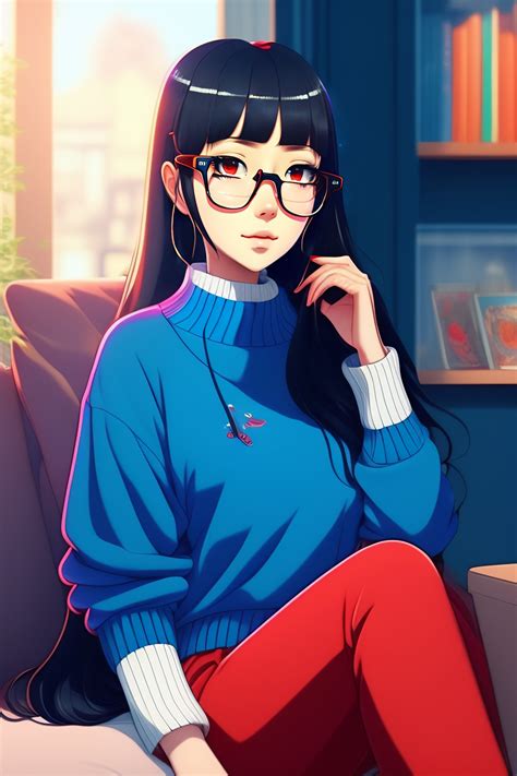 Lexica Cute Girl In Blue Sweater Black Hair Semi Rimless Red Glasses