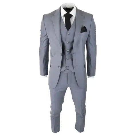Mens Classic Grey 3 Piece Suit Slim Fit Vintage Retro Smart Formal