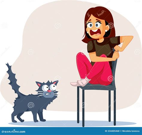 Funny Woman Scared Of A Cat Overreacting Vector Illustration Stock