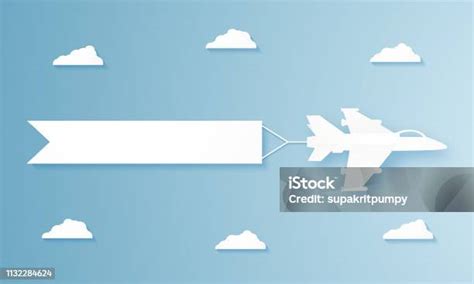 Pesawat Tempur Terbang Menarik Spanduk Iklan Gaya Seni Kertas Ilustrasi