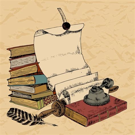 premium vector paper scroll feather and books