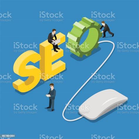 Seo 단어 마우스 및 콘텐츠 관리자에 사람들 그것 평면 3d 아이소메트리 아이소메트릭 개념 웹 인포 그래픽 벡터 일러스트 레이