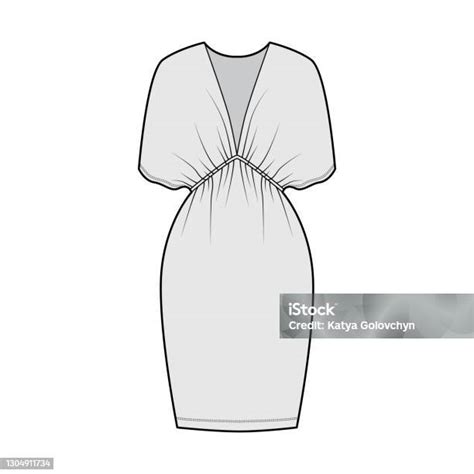 카프탄 드레스 테크니컬 패션 일러스트와 딥 V넥 배트윙 슬리브 오버사이즈 무릎 길이 연필 컷 플랫 0명에 대한 스톡 벡터 아트 및 기타 이미지 Istock