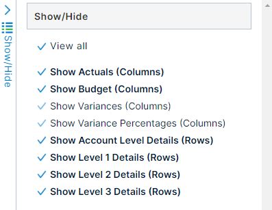 Show Hide Reports Bizview