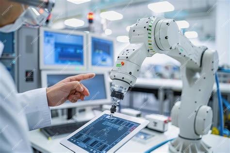 Premium Photo An Engineer Uses A Digital Tablet To Control A Robotic Arm In A Hightech