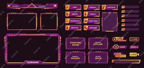 게임 스트림 오버레이 게임 화면 네온 컬러 카메라 테두리 및 라이브 채팅 템플릿을 위한 미래형 Ui 그래픽 프레임 팔로우 및 버튼 벡터 세트 기부 프리미엄 벡터