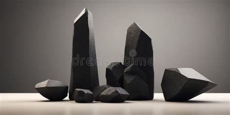 Illuminated Abstract Black Podium With Angular Rock Formations And Illuminated Abstract Black Podium With Angular Rock Formations And