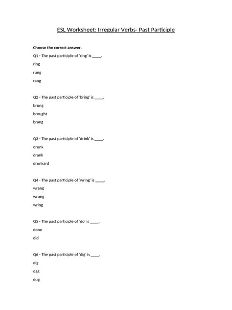 Esl Worksheet Irregular Verbs Past Participle Pdf Syntax Grammar