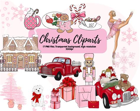 Christmas Festive Clipart Illustration Set Holidays Clipart Pink