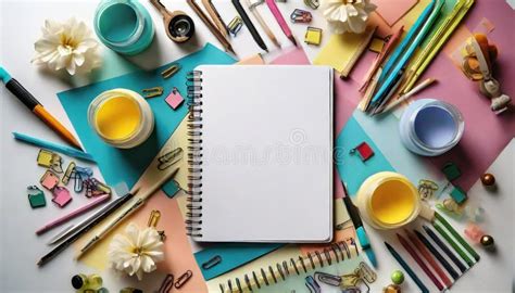 An Art Table With A Notebook With Colored Pencils Stock Illustration Illustration Of Office