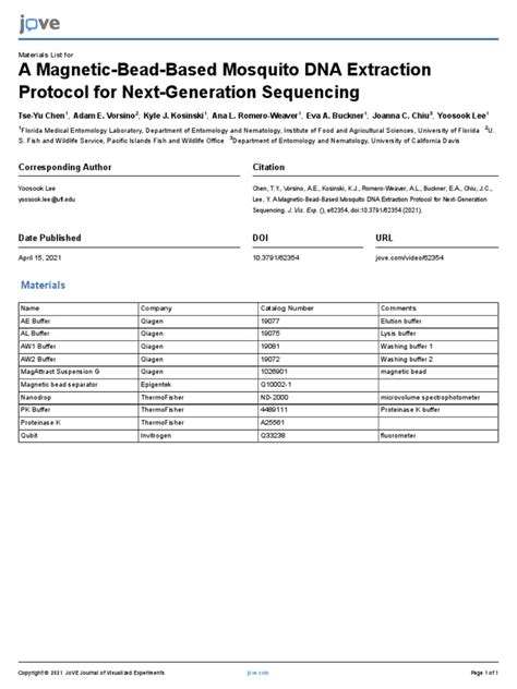 Jove Materials 62354 A Magnetic Bead Based Mosquito Dna Extraction Protocol For Next Pdf