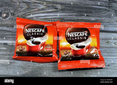 Cairo Egypt July 29 2023 Nescafe Classic Sachets Isolated On Wooden