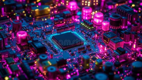 Close Up Of A Circuit Board With A Processor And Components Illuminated In Pink And Blue Lights