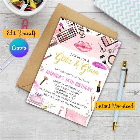 Glitz And Glam Birthday Party Invitation Spa Party Makeup Birthday