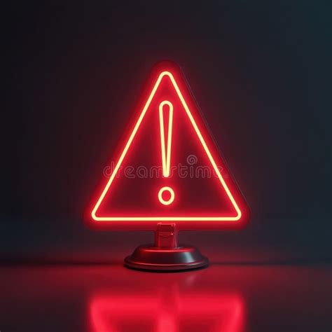 Glowing Neon Red Triangle Sign With Exclamation Point Warns On Dark Background Warning