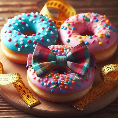 Premium Photo Three Colorful Donuts Wrapped In A Tailors Measuring Tape