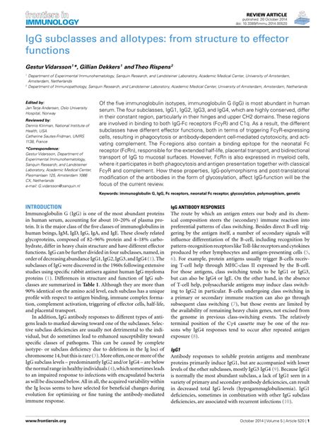 Pdf Igg Subclasses And Allotypes From Structure To Effector Functions