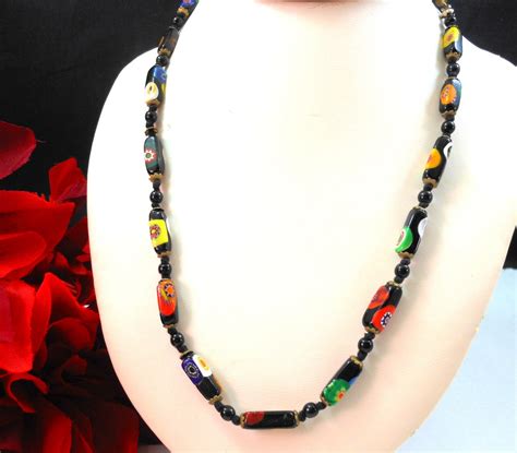 Millefiori Glass Bead Necklace Multi Color Over Black Etsy