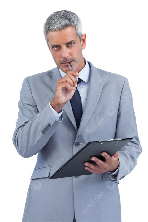 Assiduous Businessman Holding Clipboard And Taking Notes Attractive Looking At Camera White
