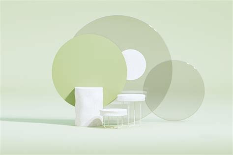 연단과 추상적 배경이 있는 최소한의 장면 파스텔 그린과 화이트 색상 장면 3d 렌더링 프리미엄 사진