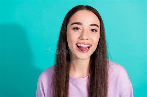 Photo Portrait Of Pretty Young Girl Lick Teeth Wear Trendy Violet