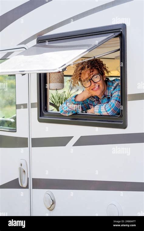 Happy Tourist Enjoy Travel Vacation Destination Inside A Modern Camper