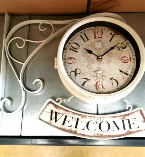HORLOGE MURALE DOUBLE Cadran Fer Forgé Blanc de Station Wellcome EUR PicClick FR
