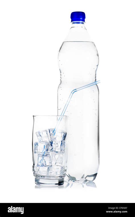 Blue Plastic Bottle Of Mineral Water And Glass With Ice Cubes And Straw