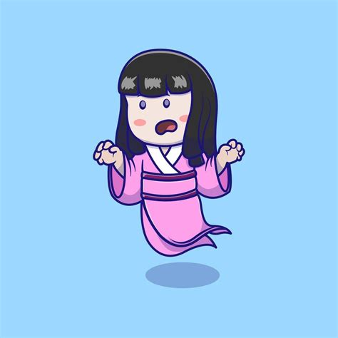 Cute Ghost Girl In Pink Kimono Cartoon Illustration Traditional