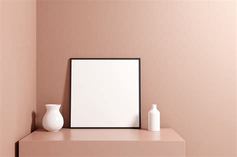 미니멀하고 깨끗한 정사각형 검은색 포스터 또는 사진 프레임 모형이 연단 테이블에 있습니다 3d 렌더링 가구에 대한 스톡 사진 및 기타 이미지 Istock