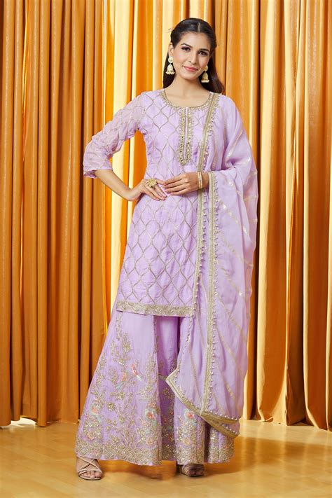 Buy Purple Organza Embroidered Sequin Jaali Kurta Set With Bird Pattern