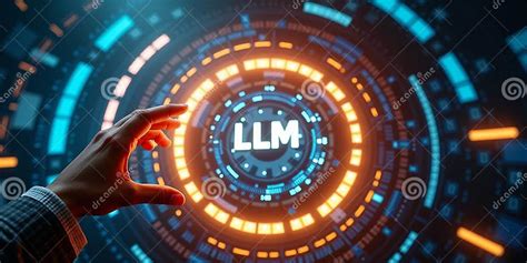 Hand Touching Glowing Llm Icon And Business Analytics Interface Stock Illustration