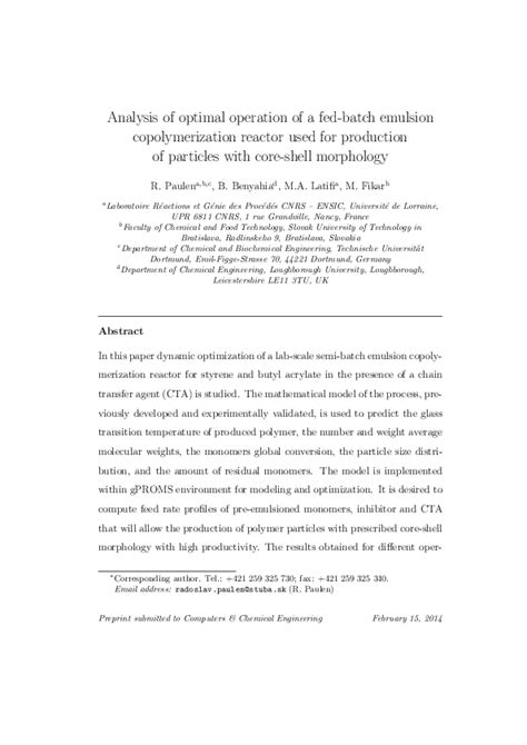 Pdf Analysis Of Optimal Operation Of A Fed Batch Emulsion Copolymerization Reactor Used For