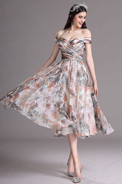 Edressit Floral Printed Off Shoulder Tea Length Summer Day Dress