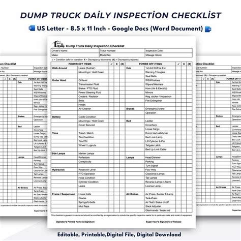 Dump Truck Daily Inspection Checklist Template Google Docs Word