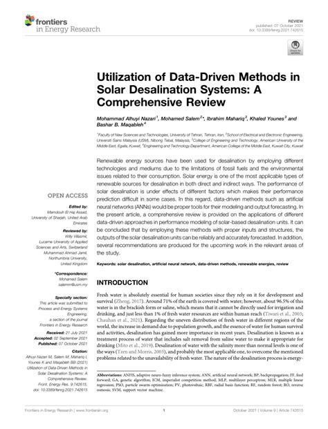 Pdf Utilization Of Data Driven Methods In Solar Desalination Systems