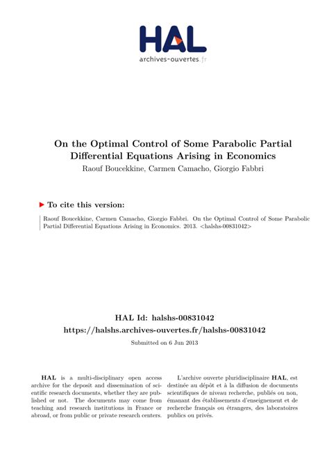 Pdf On The Optimal Control Of Some Parabolic Partial Differential Equations Arising In Economics