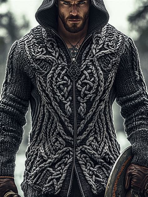 Mens Viking Rune Jacquard Celtic Knit Zip Up Hooded Sweater