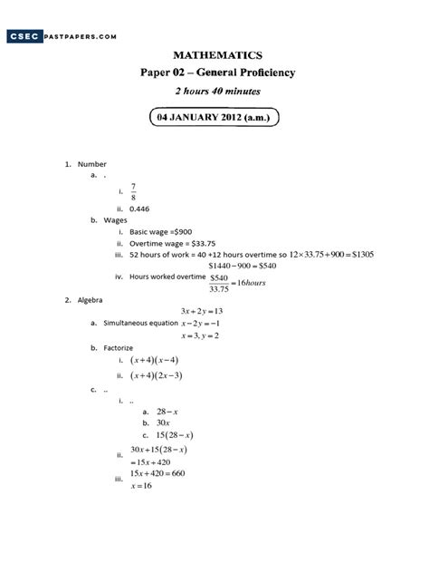 Csec Jan 2012 P2 Pdf Mathematics Algebra